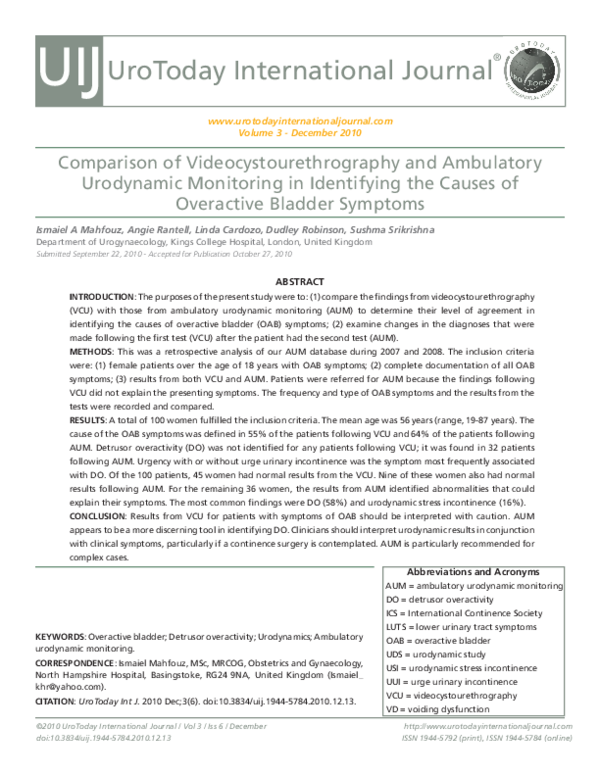 (PDF) Comparison of Videocystourethrography and Ambulatory Urodynamic ...