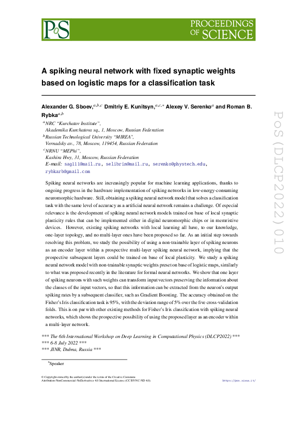 (PDF) A spiking neural network with fixed synaptic weights based on logistic maps for a ...
