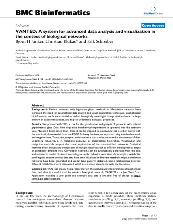 (PDF) VANTED: a system for advanced data analysis and visualization in the context of biological ...