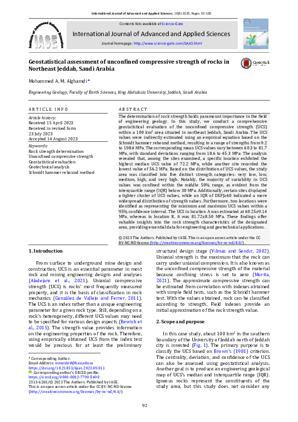 (PDF) Geostatistical assessment of unconfined compressive strength of rocks in Northeast Jeddah ...