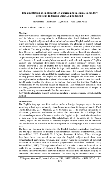 Pdf Implementation Of English Subject Curriculum In Islamic Secondary Schools In Indonesia 
