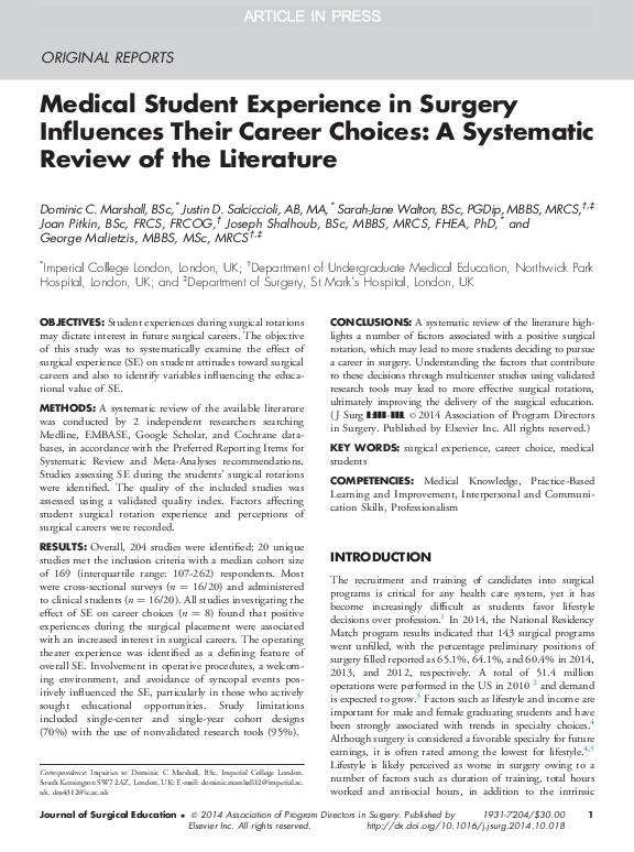 (PDF) Medical Student Experience in Surgery Influences Their Career ...