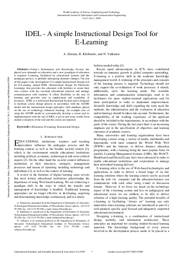 (PDF) Idel - A Simple Instructional Design Tool For E-Learning