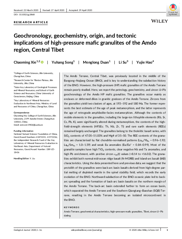 (PDF) Geochronology, geochemistry, origin, and tectonic implications of high‐pressure mafic ...