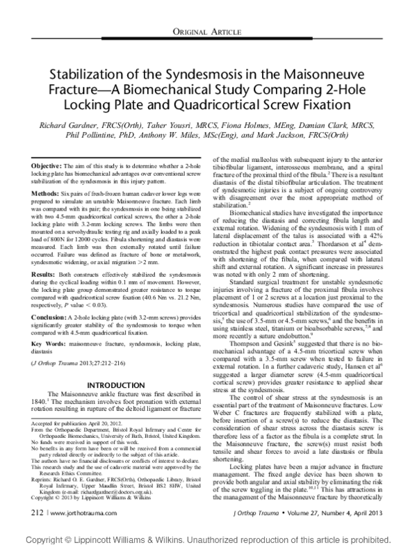 (PDF) Stabilization of the Syndesmosis in the Maisonneuve Fracture—A ...