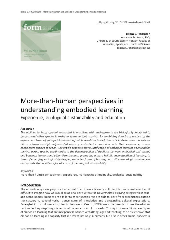 (PDF) More-than-human perspectives in understanding embodied learning
