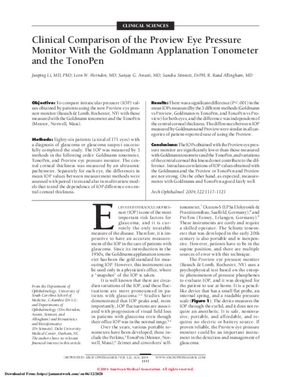 (PDF) Clinical Comparison of the Proview Eye Pressure Monitor With the ...