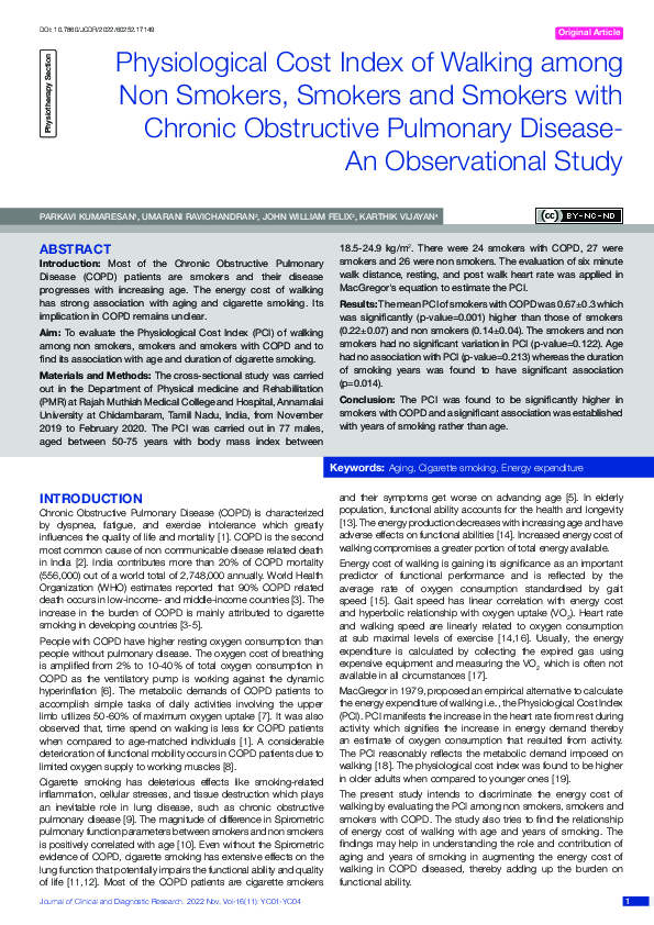 (PDF) Physiological Cost Index of Walking among Non Smokers, Smokers and Smokers with Chronic ...