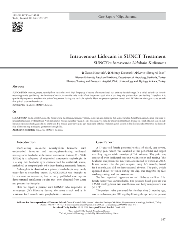 (PDF) Intravenous Lidocain in SUNCT Treatment