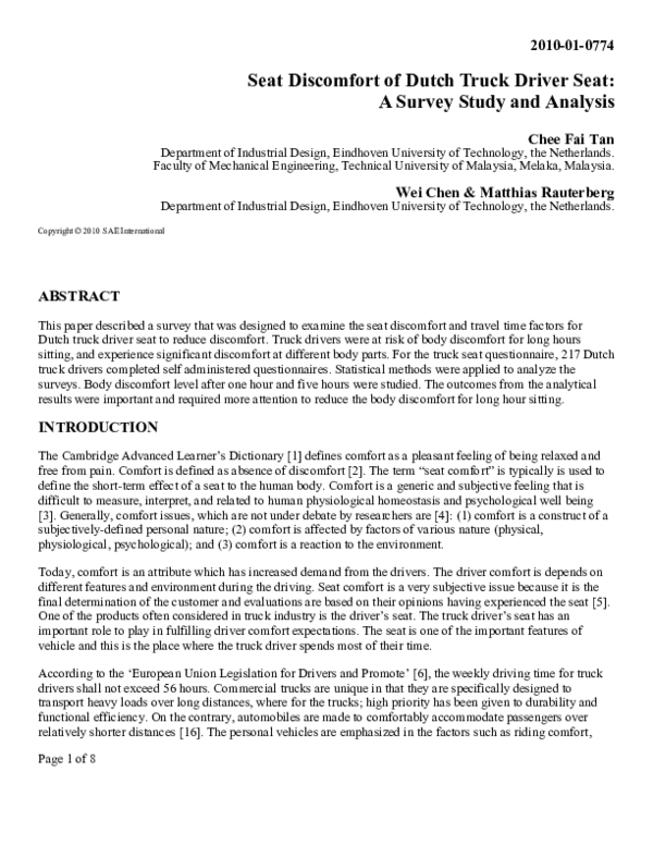 (PDF) Seat Discomfort of Dutch Truck Driver Seat: A Survey Study and ...