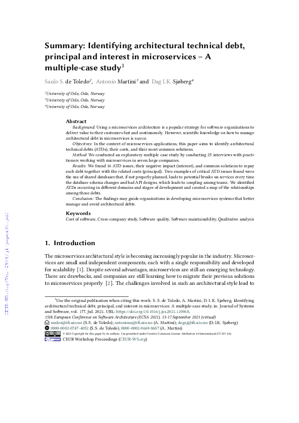 (PDF) Summary: Identifying Architectural Technical Debt, Principal and Interest in Microservices ...