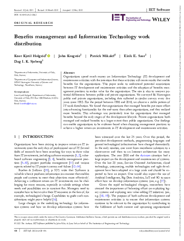 (PDF) Benefits management and Information Technology work distribution