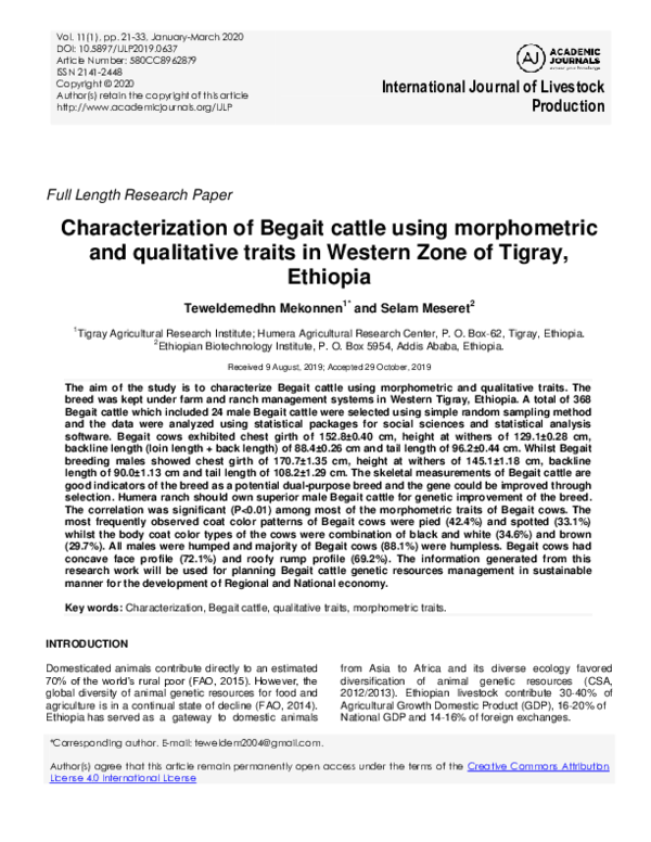 (PDF) Characterization of Begait cattle using morphometric and qualitative traits in Western ...