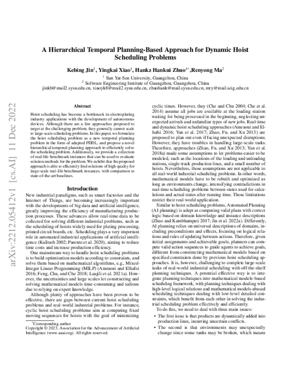 Pdf A Hierarchical Temporal Planning Based Approach For Dynamic Hoist Scheduling Problems
