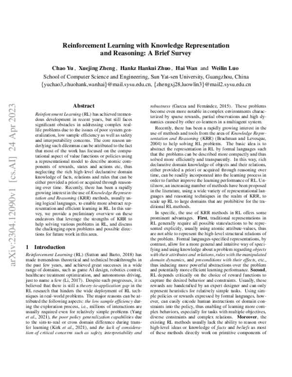 (PDF) Reinforcement Learning with Knowledge Representation and Reasoning: A Brief Survey