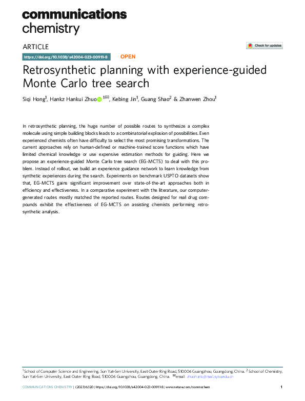 (PDF) Retrosynthetic planning with experience-guided Monte Carlo tree search