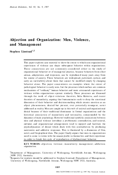 (PDF) Abjection and Organization: Men, Violence, and Management
