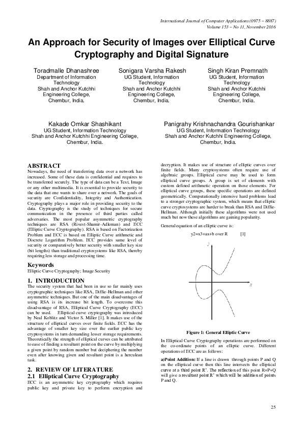 (PDF) An Approach for Security of Images over Elliptical Curve Cryptography and Digital Signature