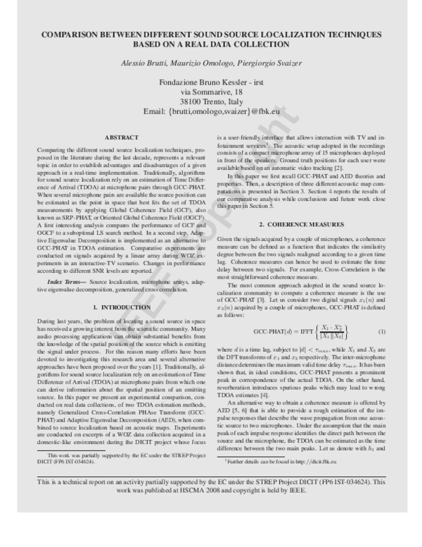 Pdf Comparison Between Different Sound Source Localization Techniques Based On A Real Data