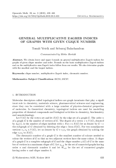 (PDF) General multiplicative Zagreb indices of graphs with given clique number