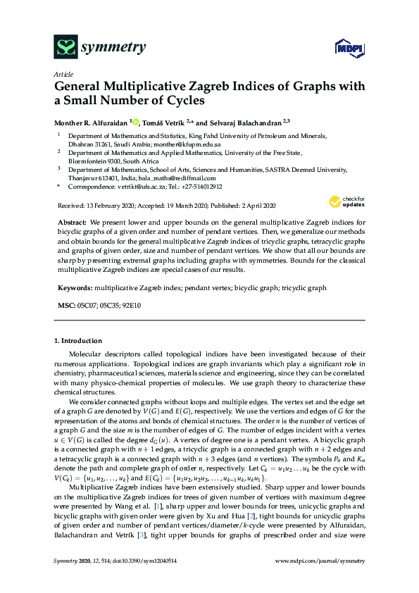 (PDF) General Multiplicative Zagreb Indices of Graphs with a Small Number of Cycles