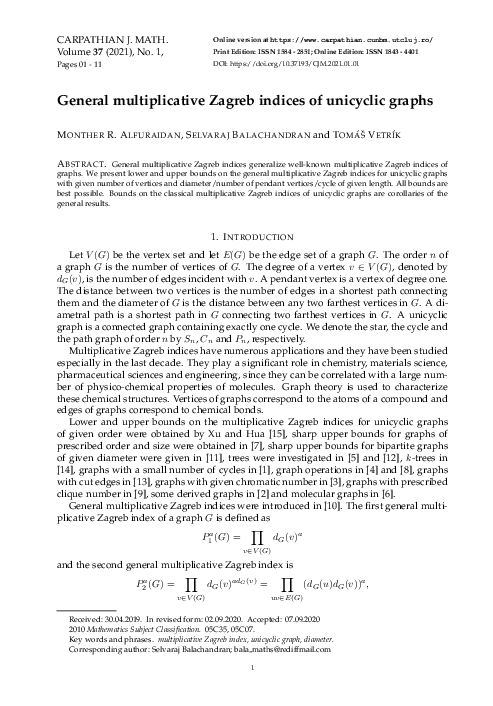 (PDF) General multiplicative Zagreb indices of unicyclic graphs