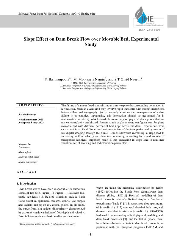 (PDF) Slope Effect on Dam Break Flow over Movable Bed, Experimental Study