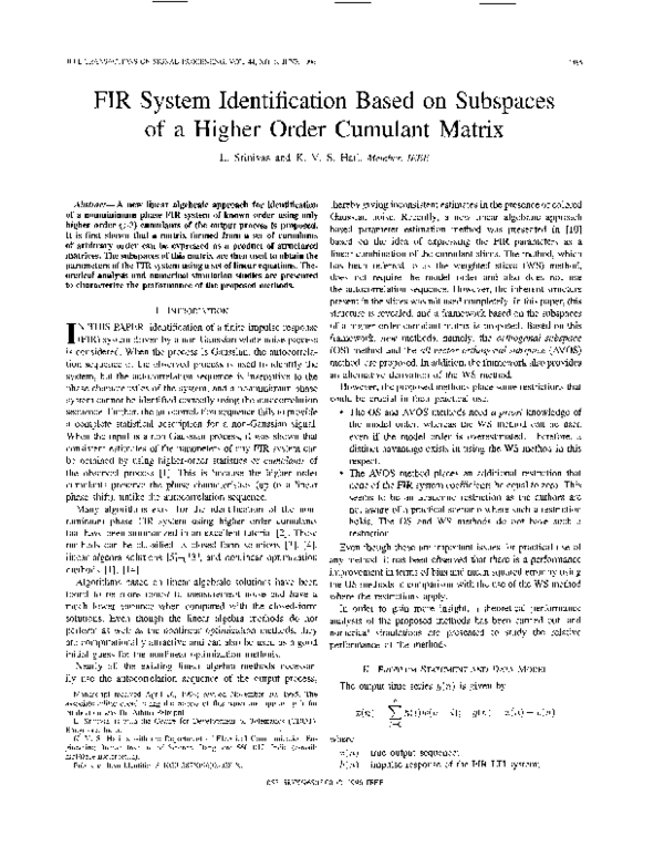 (PDF) FIR system identification based on subspaces of a higher order cumulant matrix