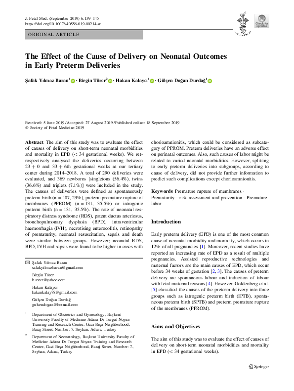 (PDF) The Effect of the Cause of Delivery on Neonatal Outcomes in Early ...