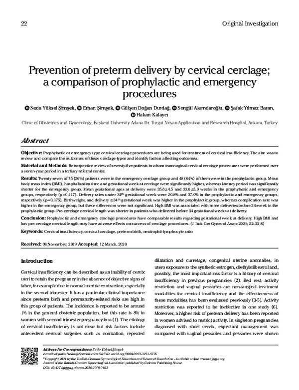 (PDF) Prevention of preterm delivery by cervical cerclage; a comparison ...