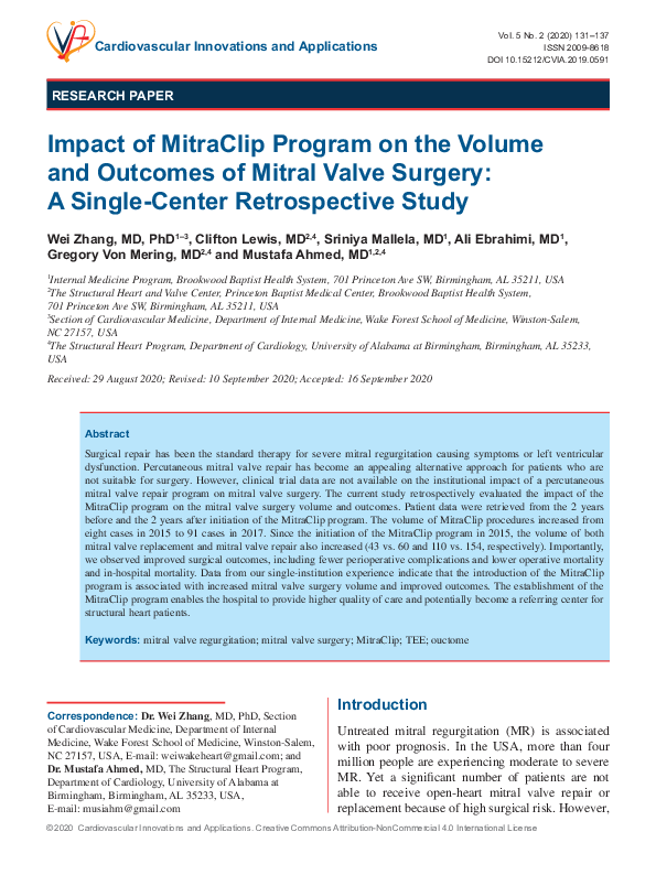 (PDF) Impact of MitraClip Program on the Volume and Outcomes of Mitral Valve Surgery: A Single ...