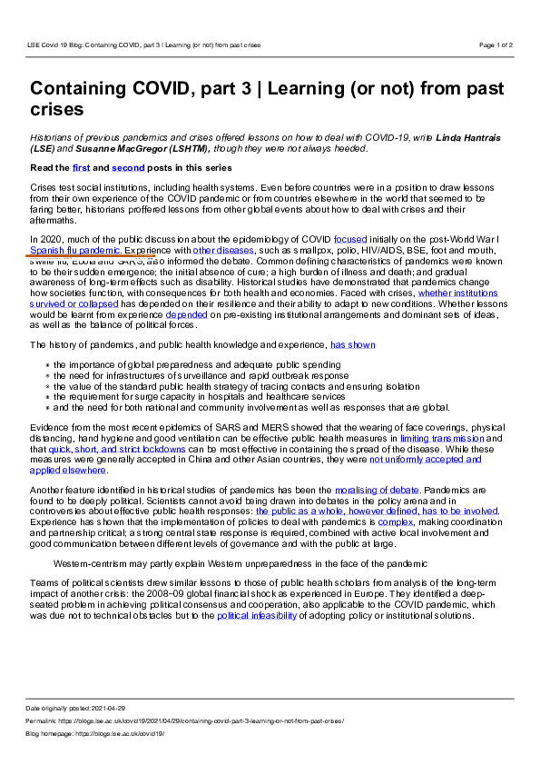 (PDF) Containing COVID, part 3. Learning (or not) from past crises