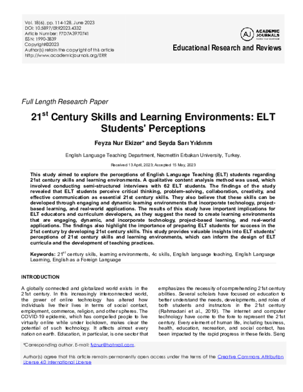 (PDF) 21st Century Skills and Learning Environments: ELT Students' Perceptions