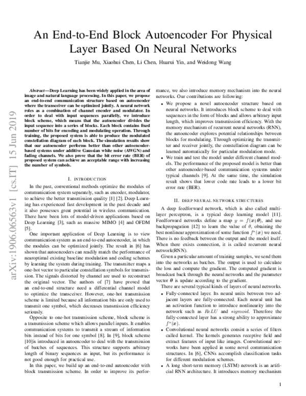 Pdf An End To End Block Autoencoder For Physical Layer Based On Neural Networks Huarui Yin