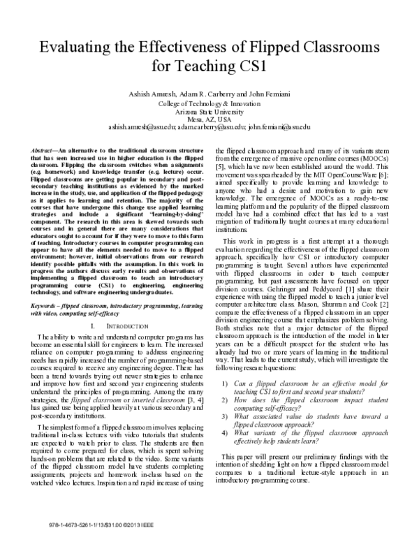 (PDF) Evaluating the effectiveness of flipped classrooms for teaching CS1