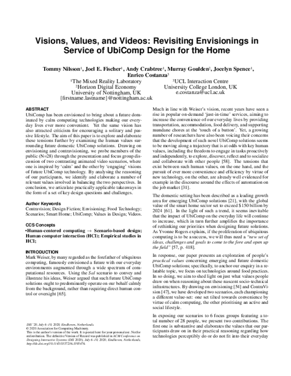 (PDF) Visions, Values, and Videos: Revisiting Envisionings in Service of UbiComp Design for the Home