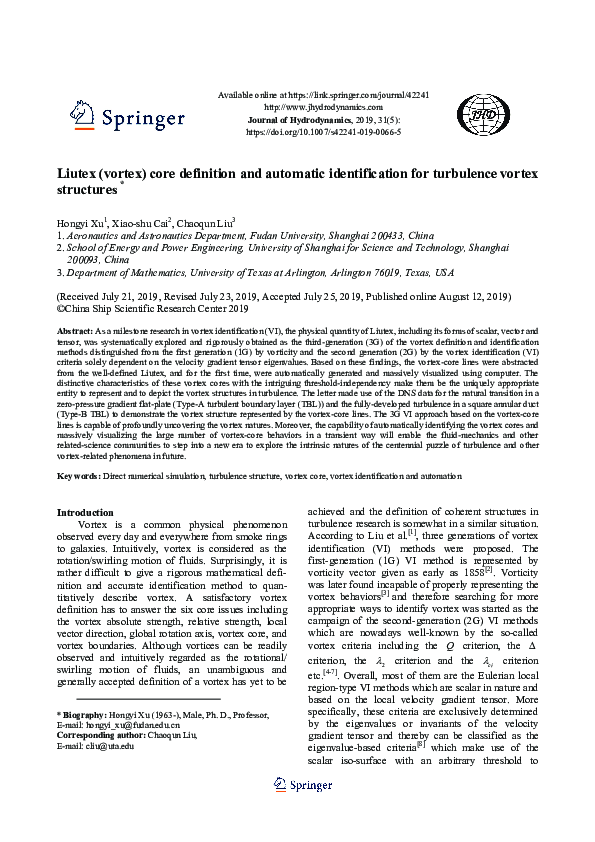(PDF) Liutex (vortex) core definition and automatic identification for turbulence vortex structures