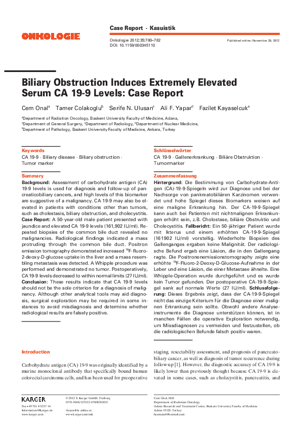 (PDF) Biliary Obstruction Induces Extremely Elevated Serum CA 19-9 Levels: Case Report | Fazilet ...