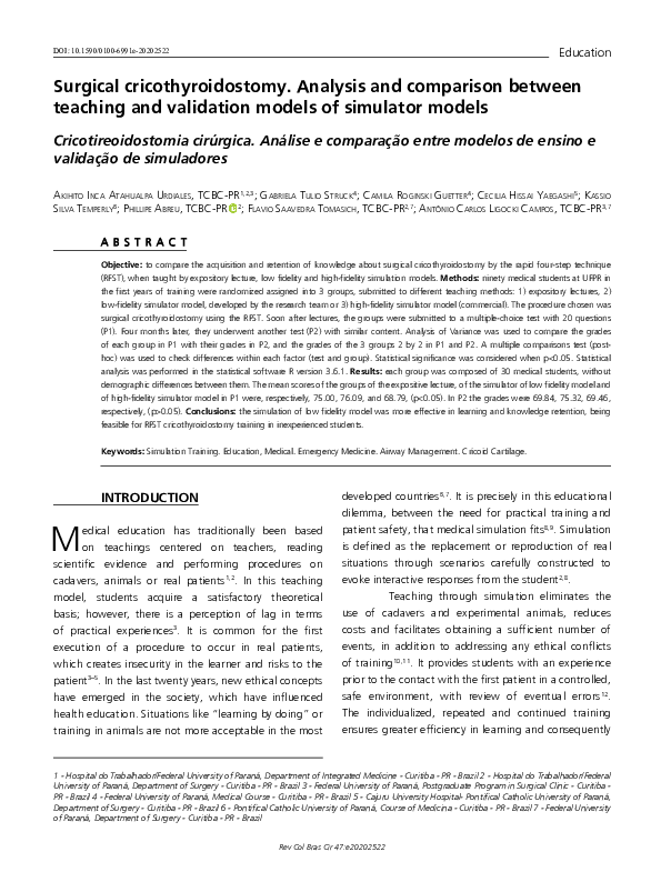 (PDF) Surgical cricothyroidostomy. Analysis and comparison between teaching and validation ...
