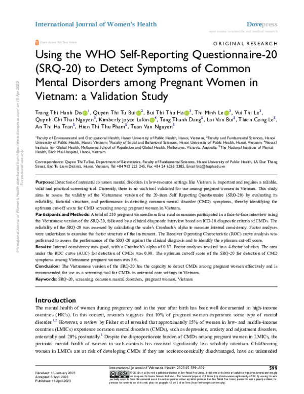 (PDF) Using the WHO Self-Reporting Questionnaire-20 (SRQ-20) to Detect ...