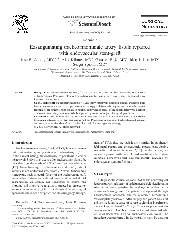 (PDF) Exsanguinating tracheoinnominate artery fistula repaired with ...