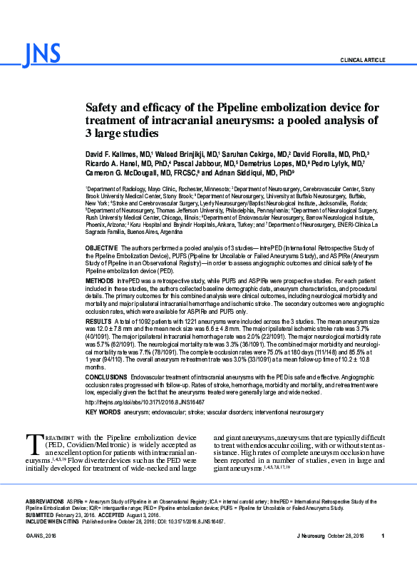 Pdf Safety And Efficacy Of The Pipeline Embolization Device For Treatment Of Small Vs Large