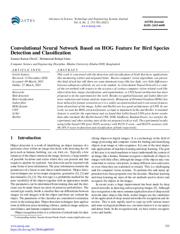 (PDF) Convolutional Neural Network Based on HOG Feature for Bird ...