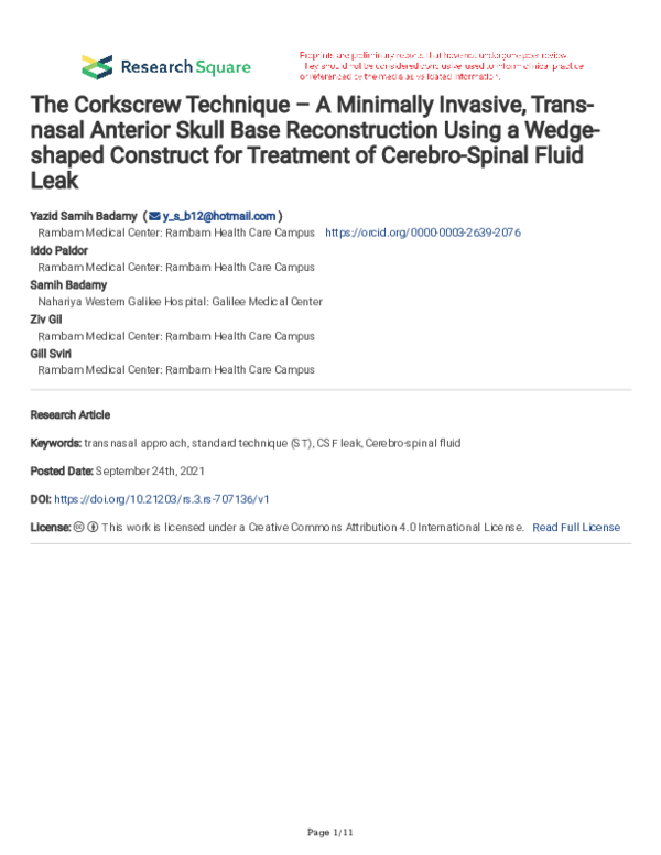 (PDF) The Corkscrew Technique – A Minimally Invasive, Trans-nasal Anterior Skull Base ...