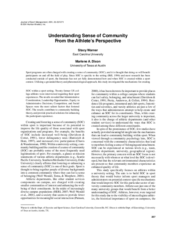 (PDF) Understanding Sense of Community From the Athlete’s Perspective