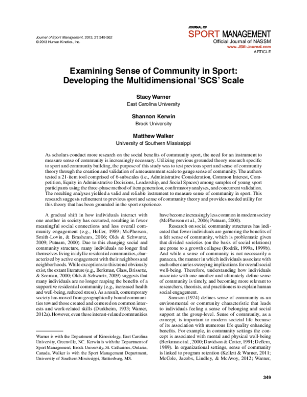 (PDF) Examining Sense of Community in Sport: Developing the ...