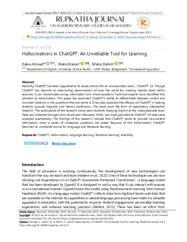 (PDF) Hallucinations in ChatGPT: An Unreliable Tool for Learning