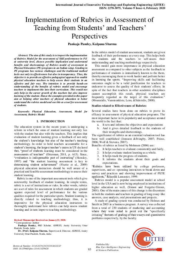(PDF) Implementation of Rubrics in Assessment of Teaching from Students’ and Teachers’ Perspectives