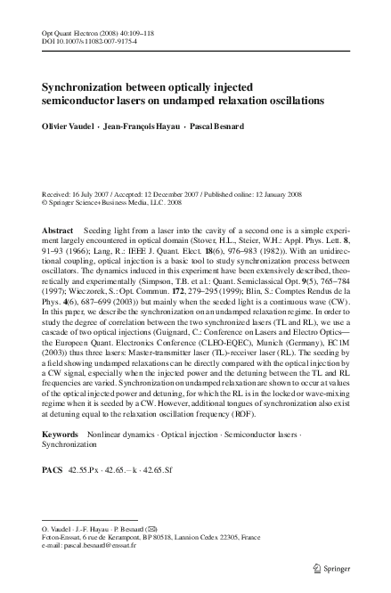 Pdf Synchronization Between Optically Injected Semiconductor Lasers On Different Dynamics