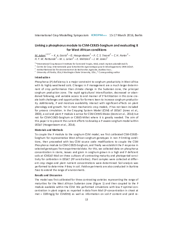 (PDF) Linking a phosphorus module to CSM-CERES‐Sorghum and evaluating ...